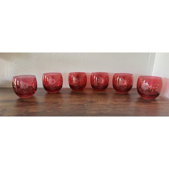 Dining | 6pc Set Cranberry Pink Etched Floral Roly Poly Martini Glass ...
